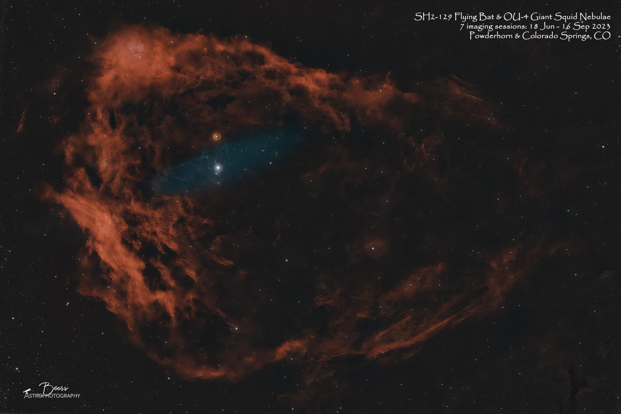 SH2-129 Flying Bat & OU-4 Giant Squid Nebulae - Beers Astrophotography