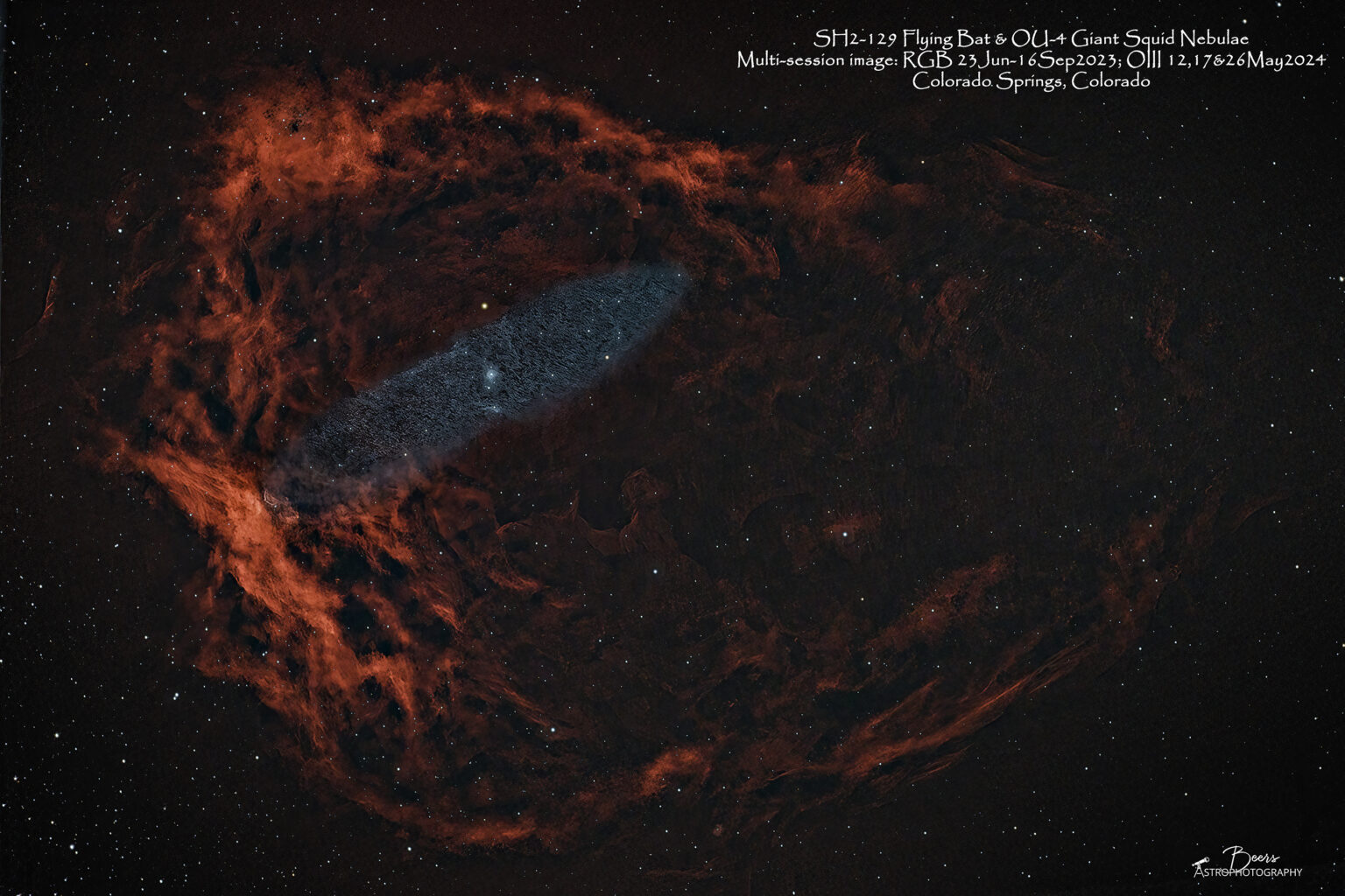 SH2-129 Flying Bat & OU-4 Giant Squid Nebulae - Beers Astrophotography